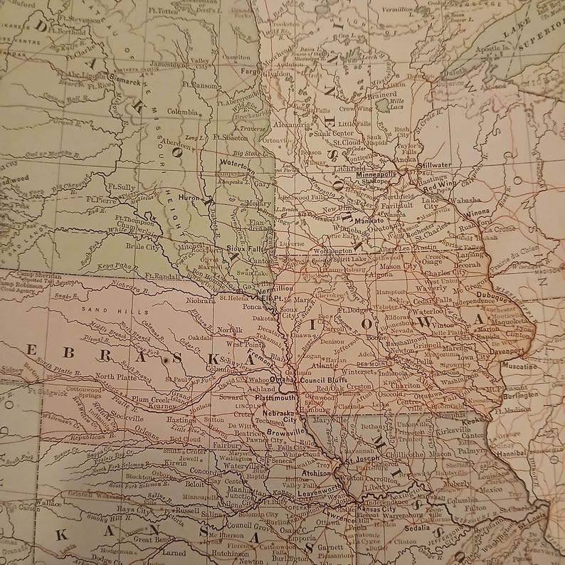 Antique 1881 Pair of Maps of the Central States, Eastern and Western by ...