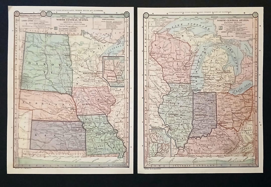 Antique Pair of 1885 Maps of the Central States, Eastern & Western ...