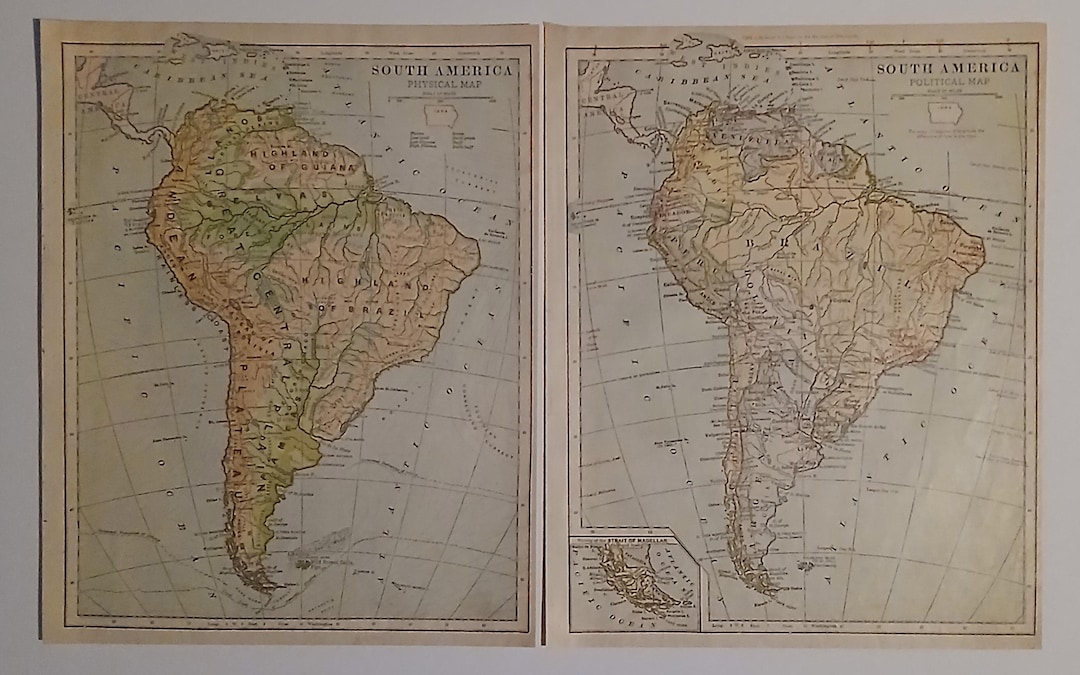 Antique Pre-wwi 1912 Pair of Maps of South America; Both Physical and ...