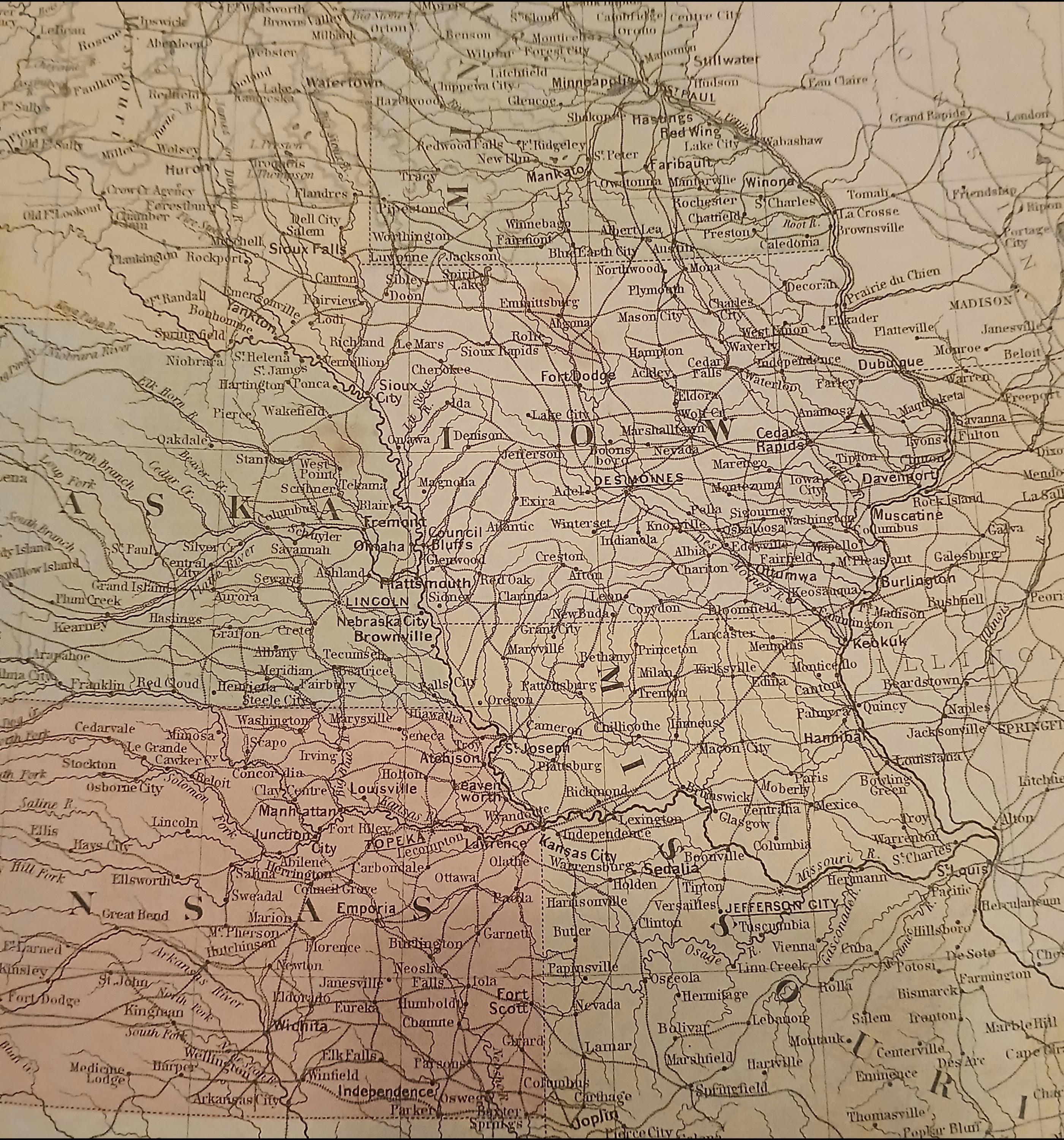 Antique 1887 Hand Colored Map of the Central States West of the ...