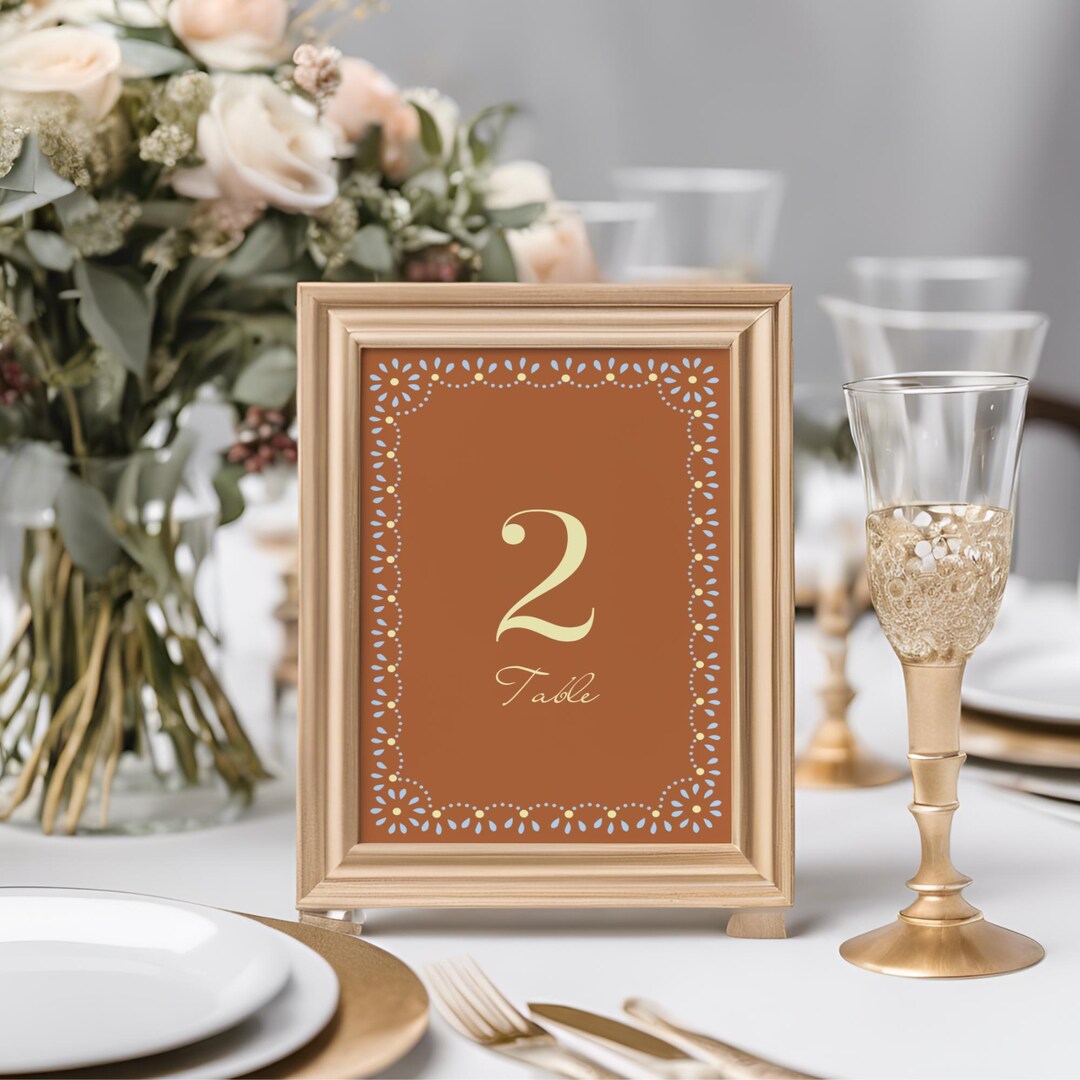 Terracota and Blue Table Number Signs, Table Setting Template Card ...