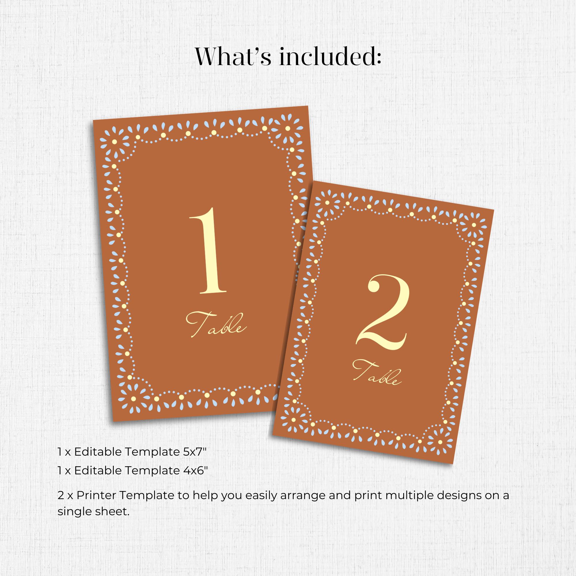 Terracota and Blue Table Number Signs, Table Setting Template Card ...