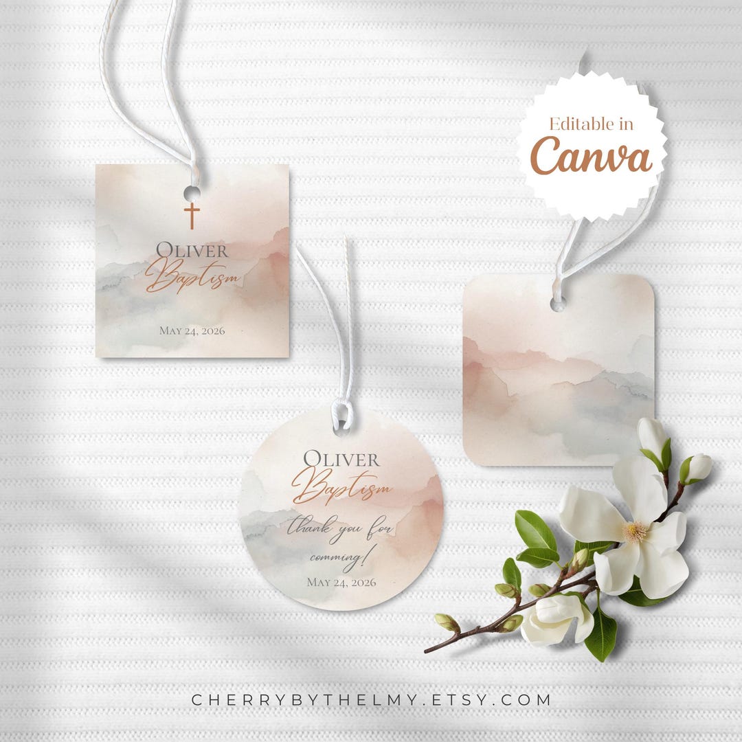 Baptism Favor Tags Canva Template, Square & Circle Labels, Terracotta ...