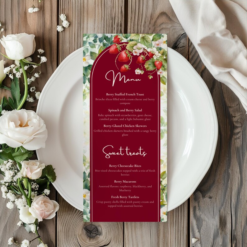 Berry Sweet Baby Shower Menu Template, Strawberry Theme, Editable Canva ...