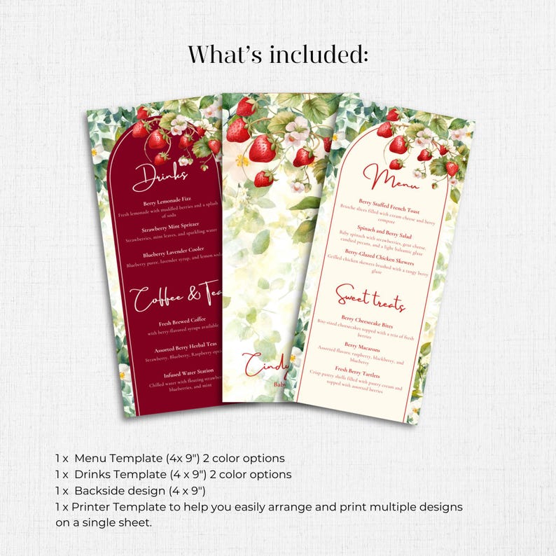 Berry Sweet Baby Shower Menu Template, Strawberry Theme, Editable Canva ...