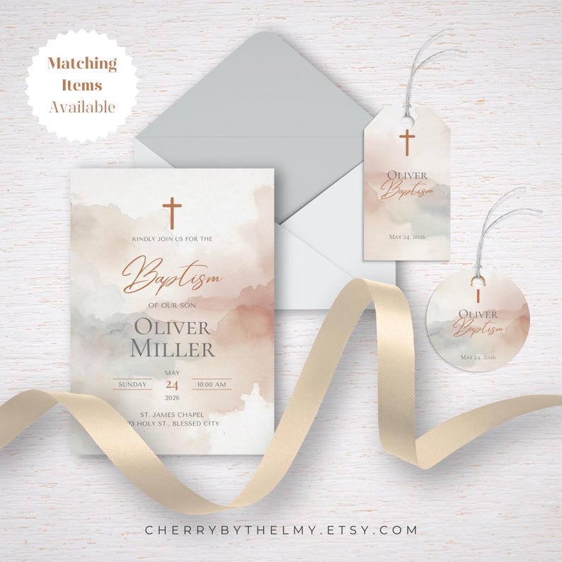 Baptism Favor Tags Canva Template, Square & Circle Labels, Terracotta ...