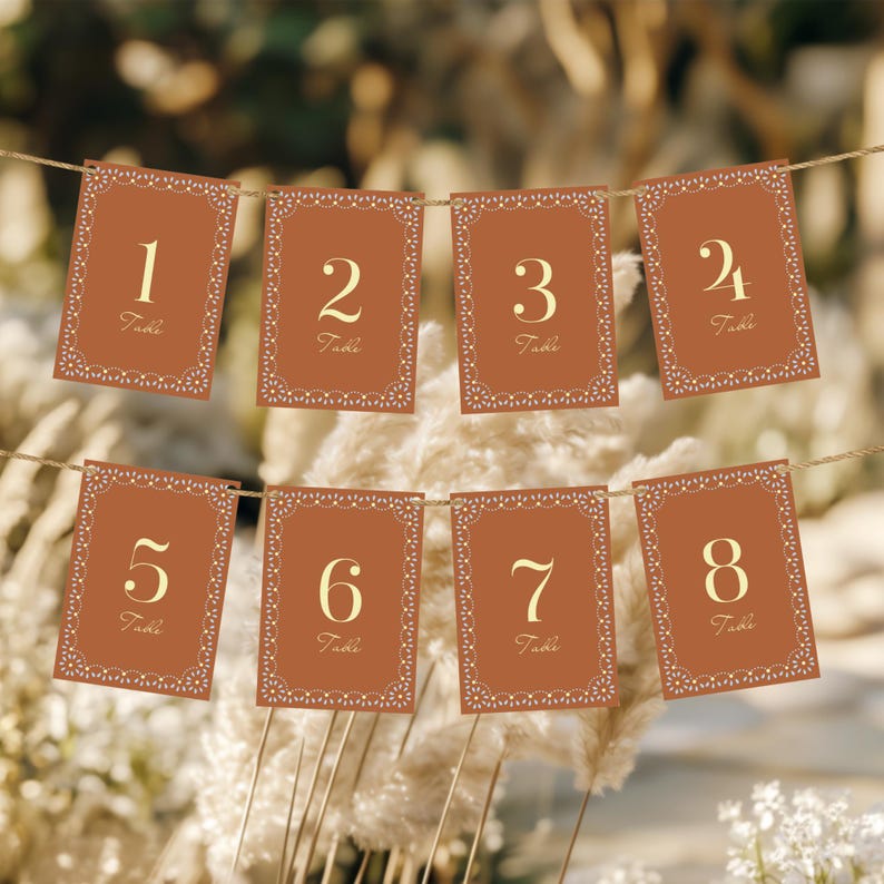 Terracota and Blue Table Number Signs, Table Setting Template Card ...