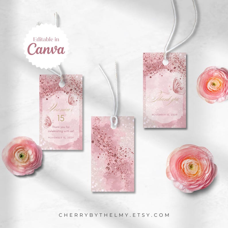 Quinceañera Favor Tag Canva Template, Blush Pink Gold Butterfly 15 Años ...