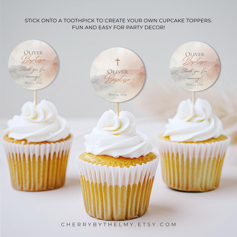 Baptism Favor Tags Canva Template, Square & Circle Labels, Terracotta ...
