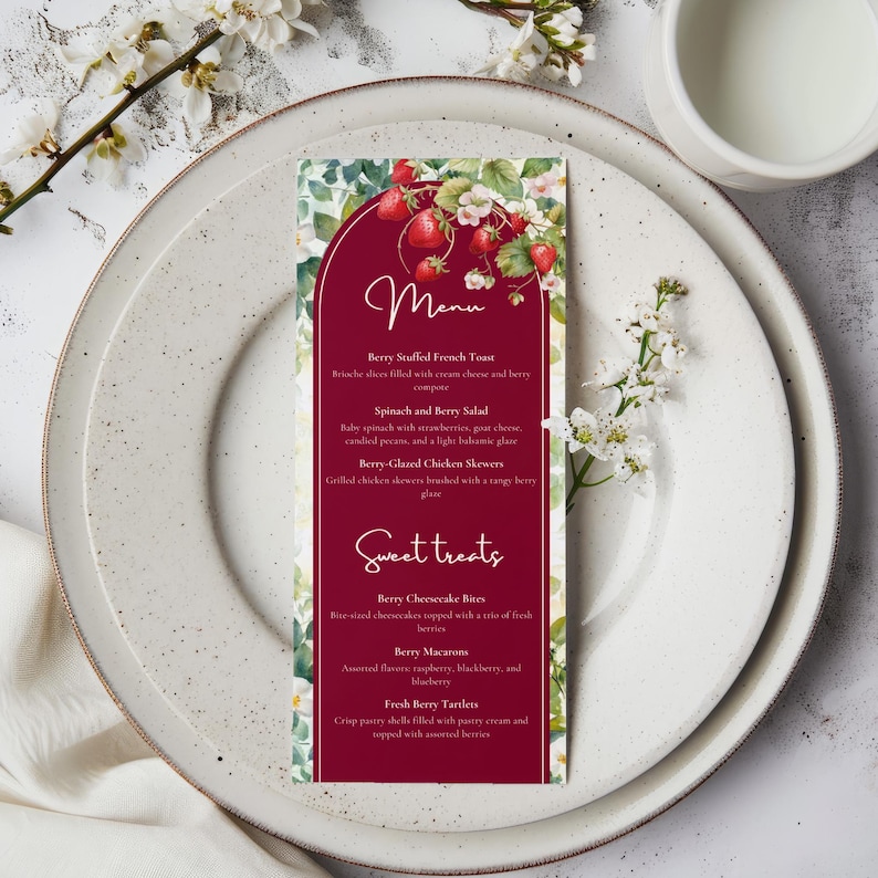 Berry Sweet Baby Shower Menu Template, Strawberry Theme, Editable Canva ...