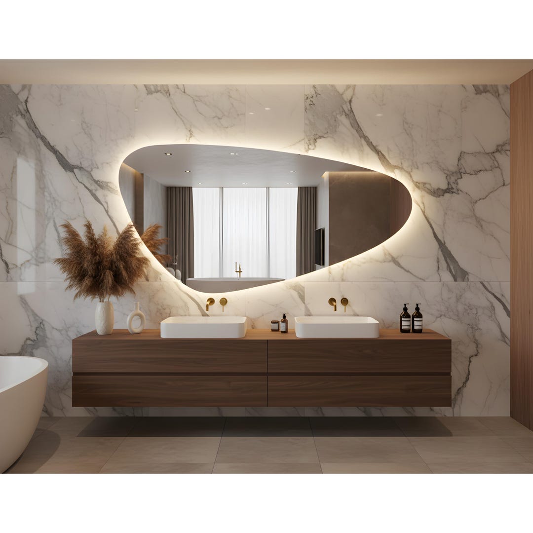 Asymmetrical Led Mirror, Asymmetric Wide Bathroom Led Mirror, Curved ...
