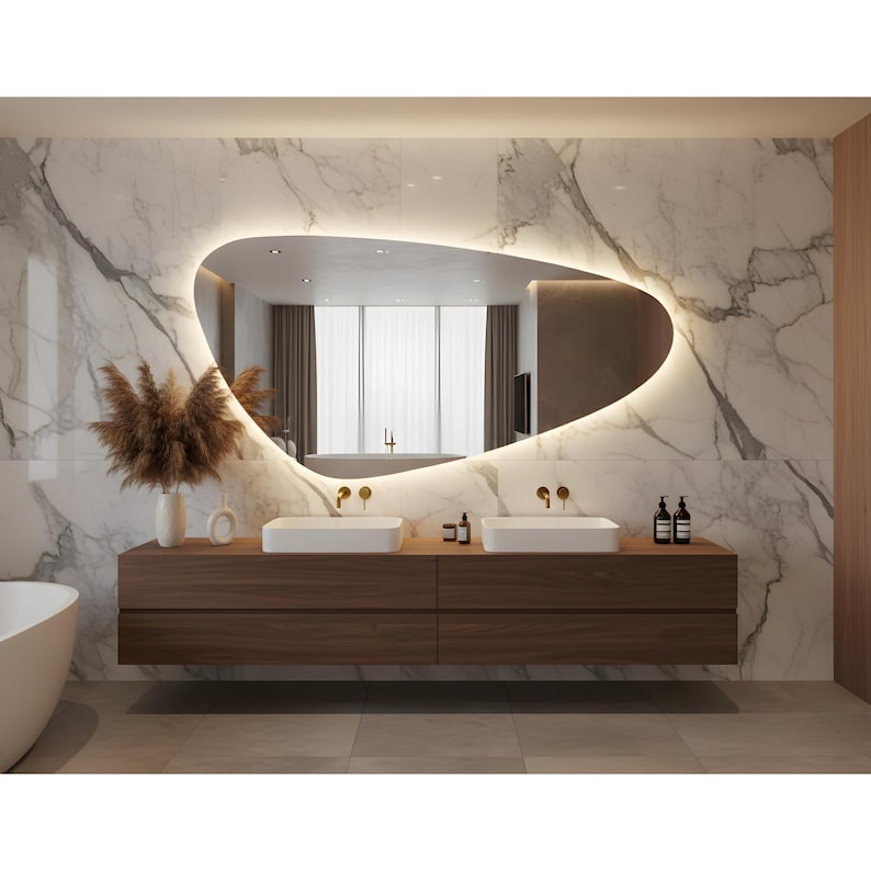 Asymmetrical Led Mirror, Asymmetric Wide Bathroom Led Mirror, Curved ...