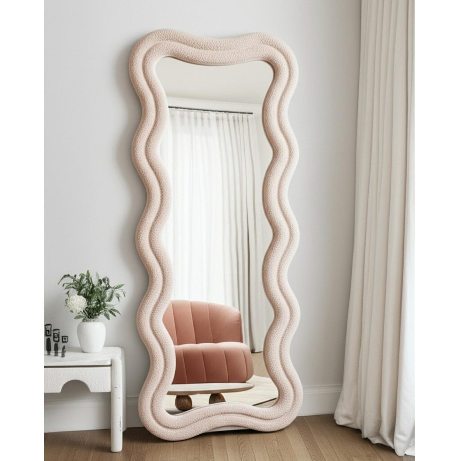 Full Body Wave Fabric Mirror, Full Length Squiggle Velvet Mirror, Teddy ...