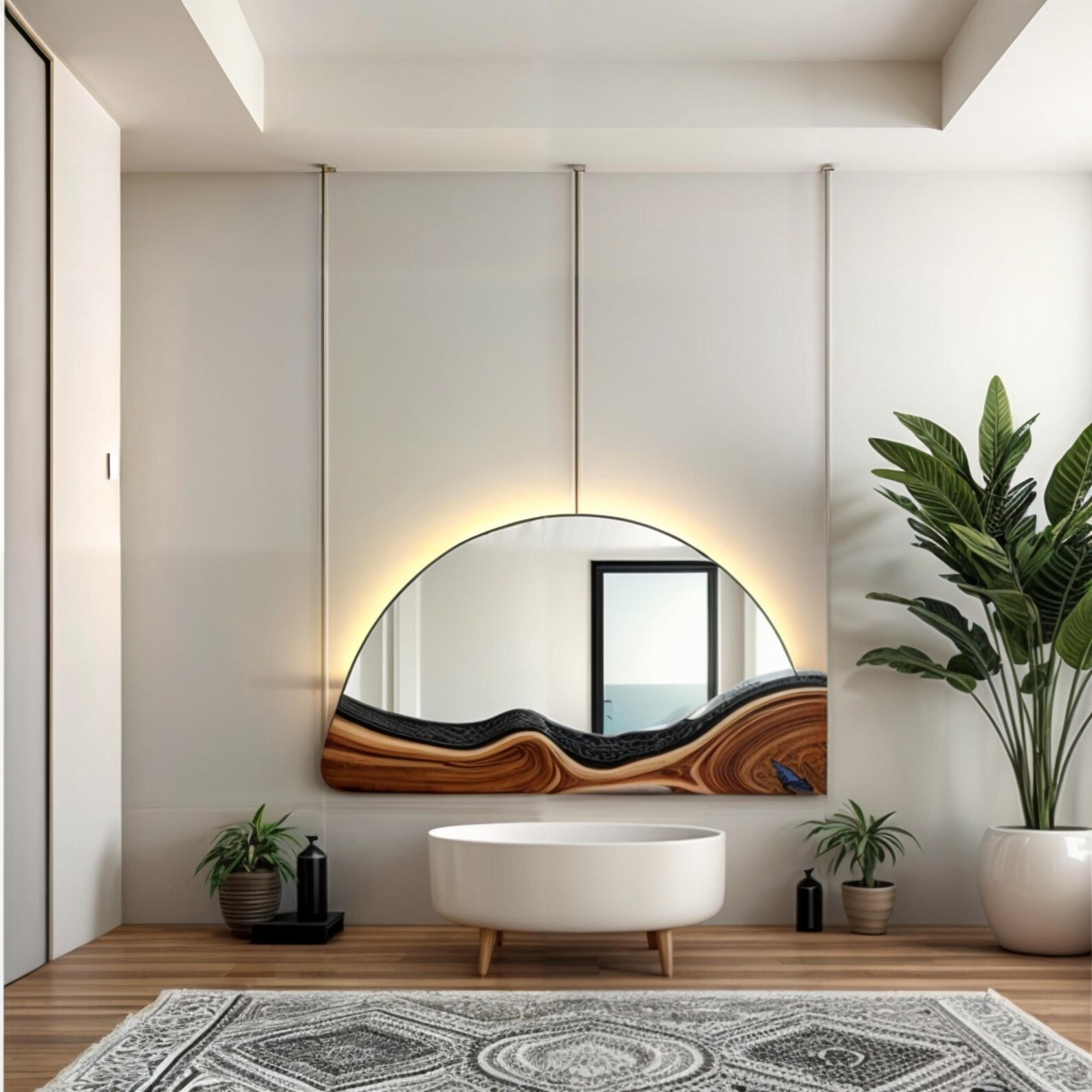 Half Moon Entryway Led Mirror, Radius Olive Wood Big Mirror, Half ...