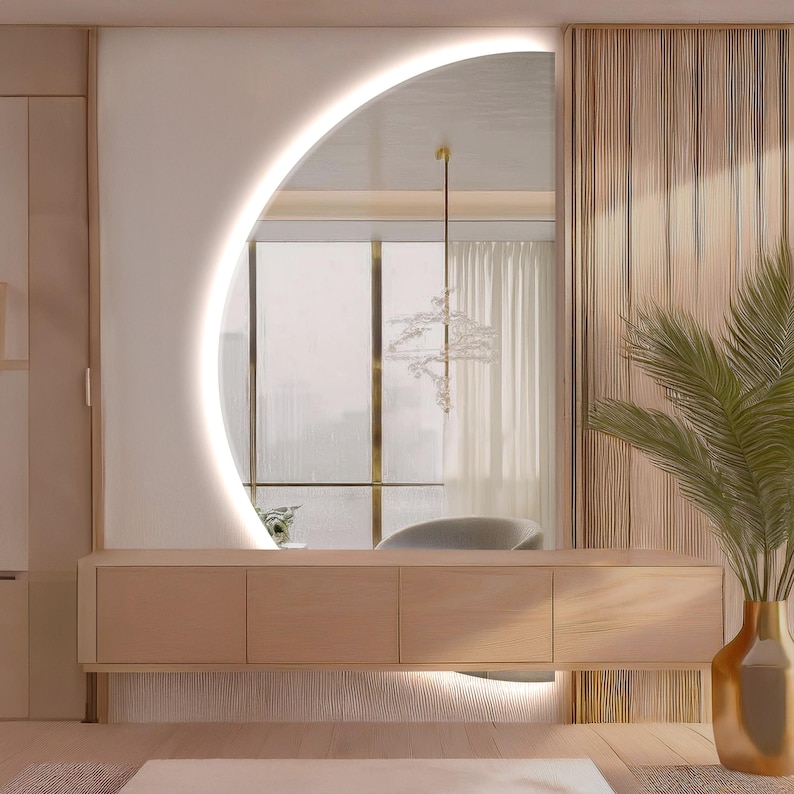 Radius Livingroom Big Mirror, Half Moon Entryway Led Mirror, Semi ...