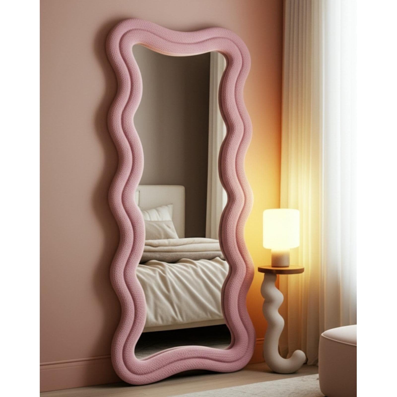 Full Body Wave Fabric Mirror, Full Length Squiggle Velvet Mirror, Teddy ...