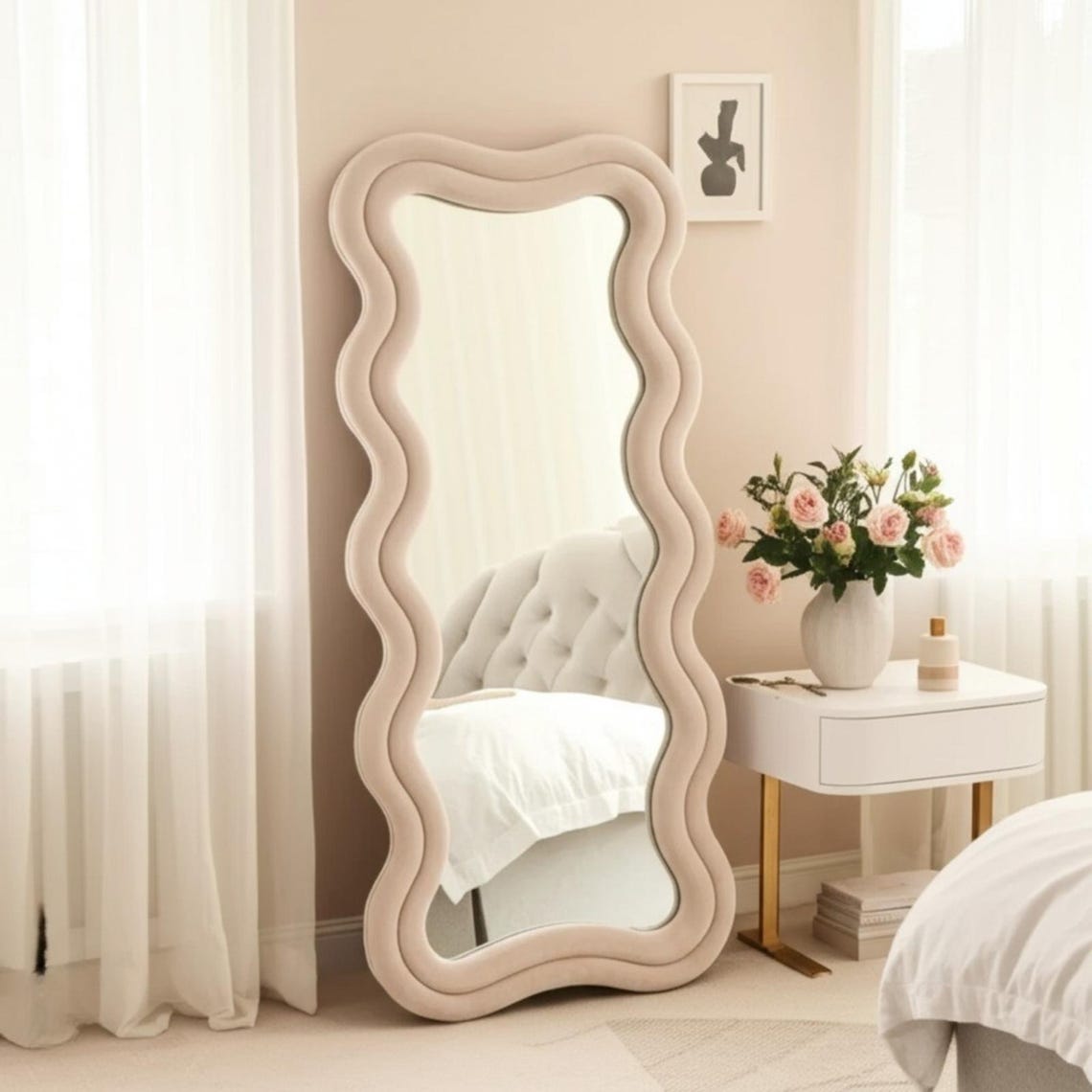 Full Body Wave Fabric Mirror, Full Length Squiggle Velvet Mirror, Teddy ...