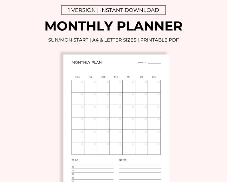 Undated Monthly Planner Printable | Minimalist Calendar | A4 & Letter ...
