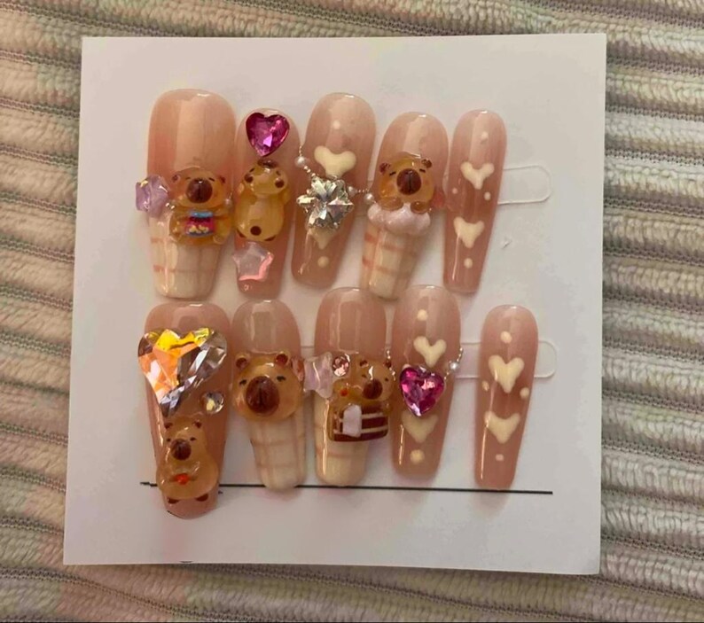Cute Cartoon 3D Capybara Nails Pentagram & Heart Shaped Rhinestone ...