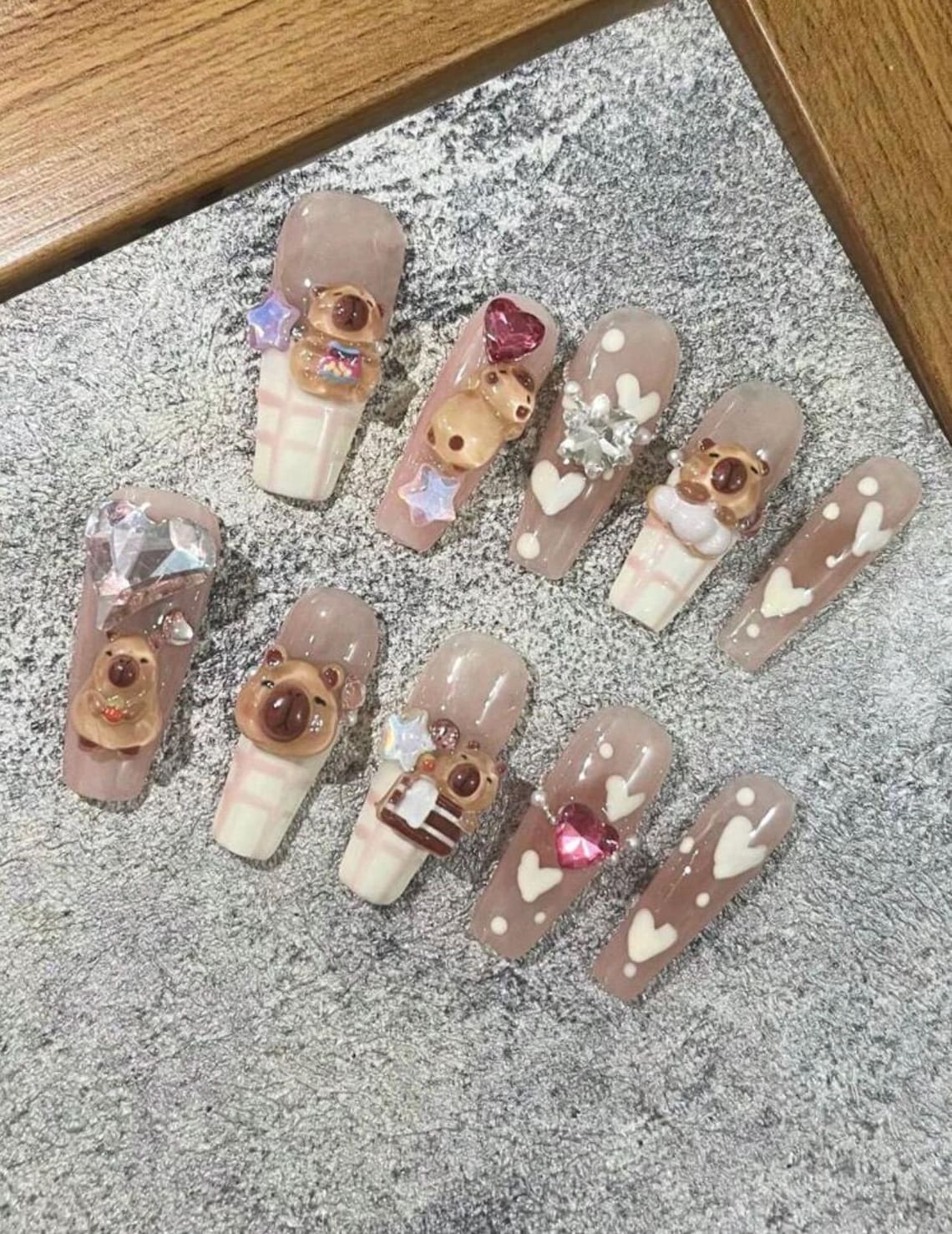 Cute Cartoon 3D Capybara Nails Pentagram & Heart Shaped Rhinestone ...