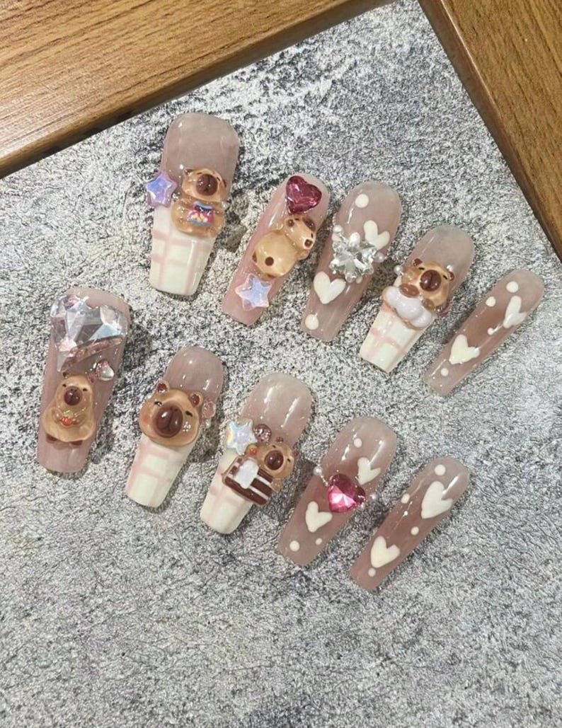 Cute Cartoon 3D Capybara Nails Pentagram & Heart Shaped Rhinestone ...