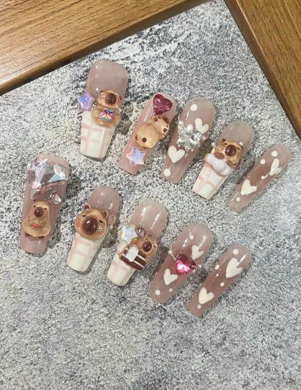 Cute Cartoon 3D Capybara Nails Pentagram & Heart Shaped Rhinestone ...