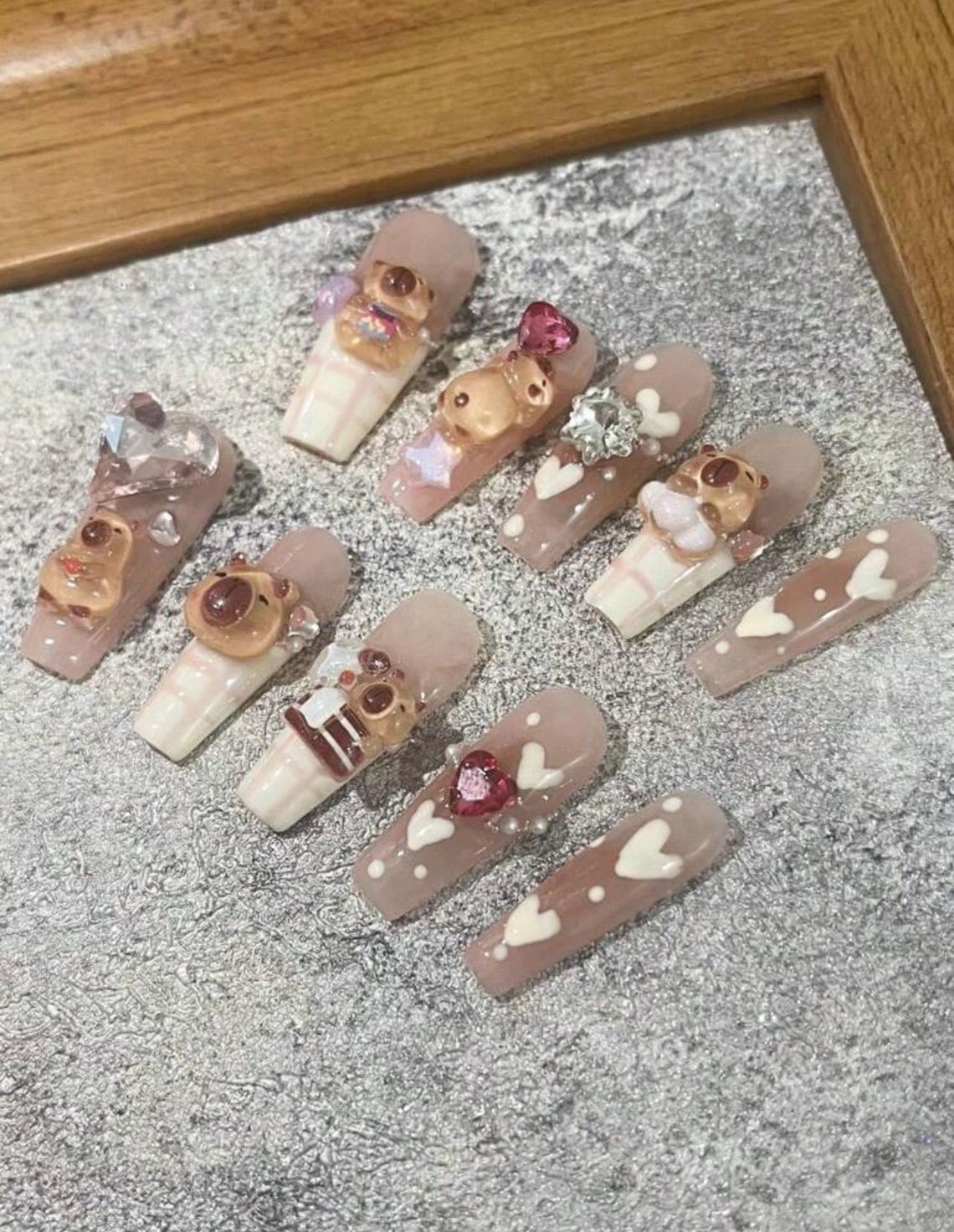 Cute Cartoon 3D Capybara Nails Pentagram & Heart Shaped Rhinestone ...