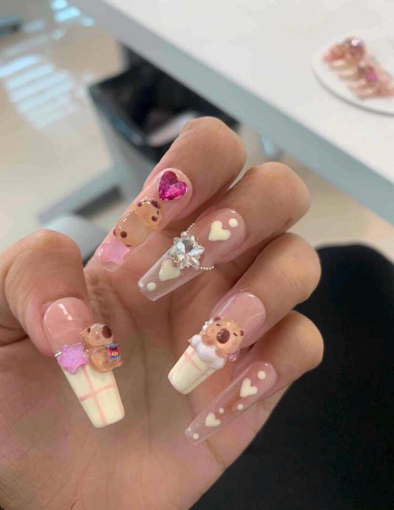 Cute Cartoon 3D Capybara Nails Pentagram & Heart Shaped Rhinestone ...