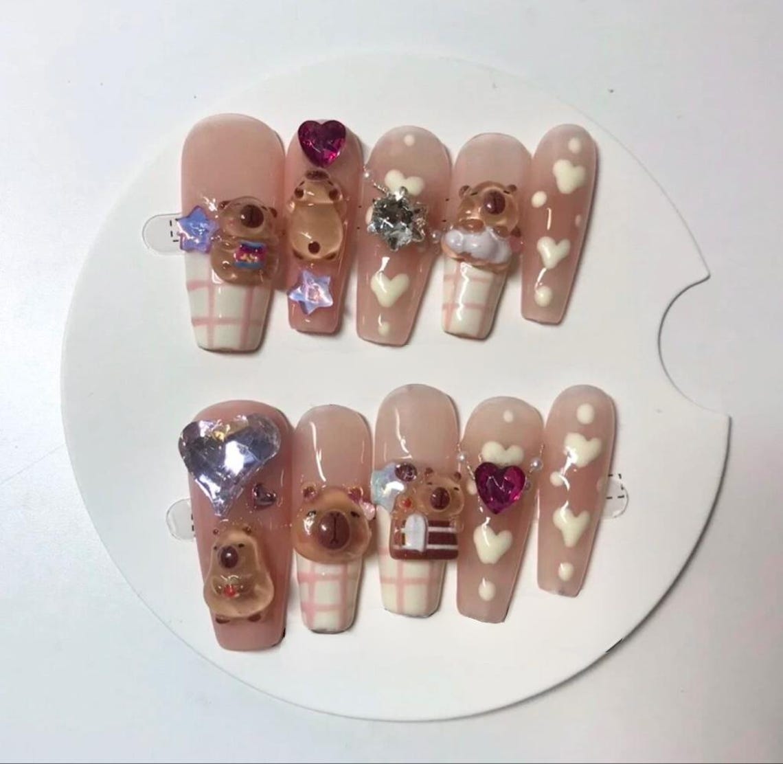 Cute Cartoon 3D Capybara Nails Pentagram & Heart Shaped Rhinestone ...