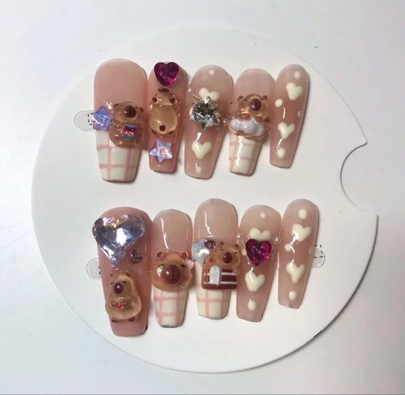 Cute Cartoon 3D Capybara Nails Pentagram & Heart Shaped Rhinestone ...