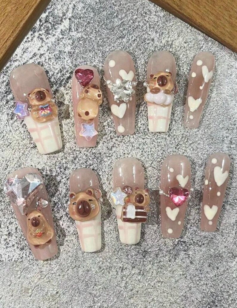 Cute Cartoon 3D Capybara Nails Pentagram & Heart Shaped Rhinestone ...