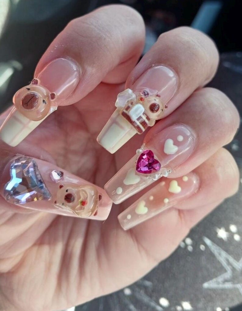 Cute Cartoon 3D Capybara Nails Pentagram & Heart Shaped Rhinestone ...