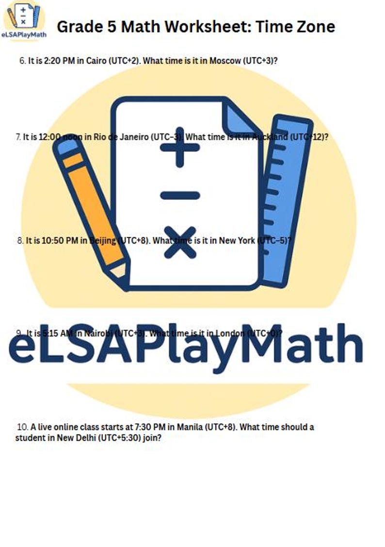 Grade 5 Math Worksheet: Clock Conversion and Time Zone Bundle With ...
