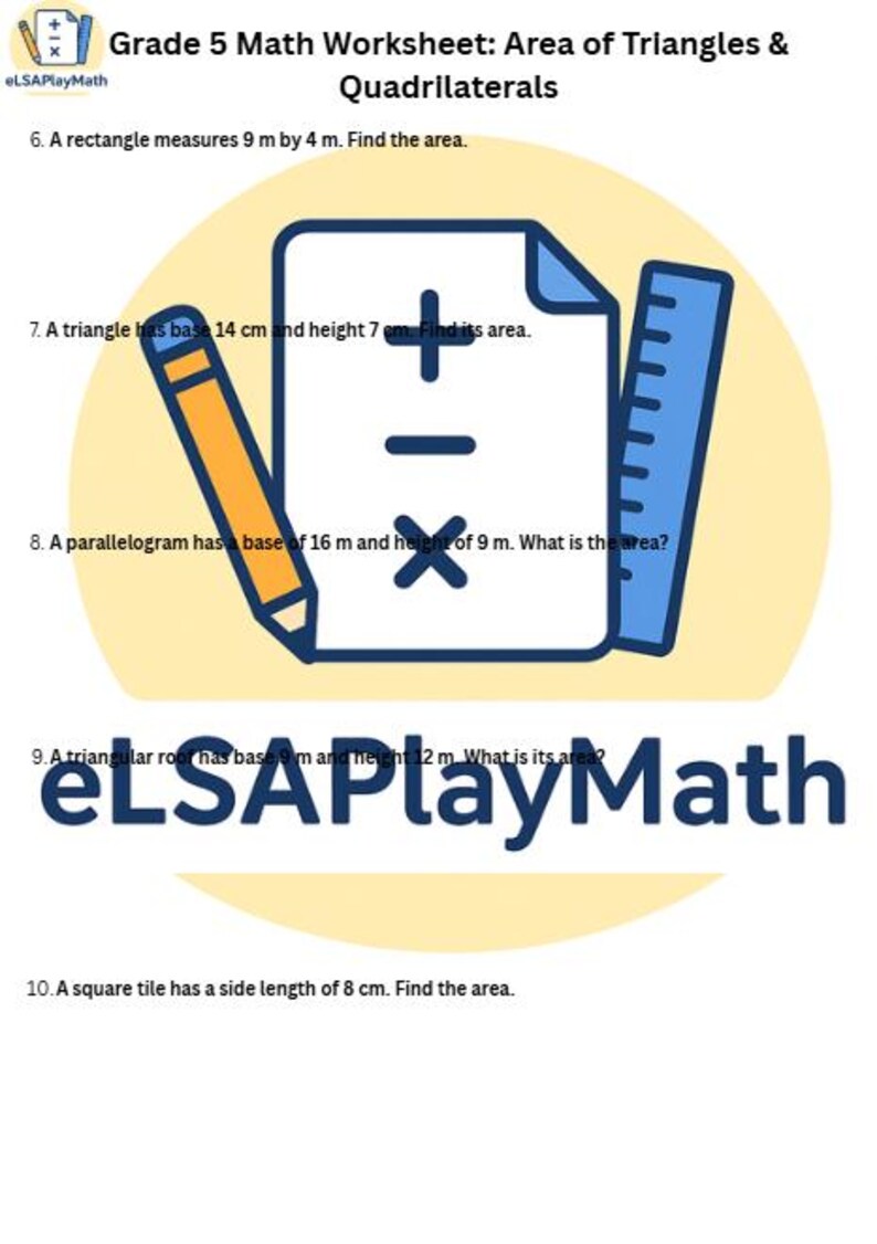 Grade 5 Math Worksheet: Area of Triangles & Quadrilaterals With Answer ...