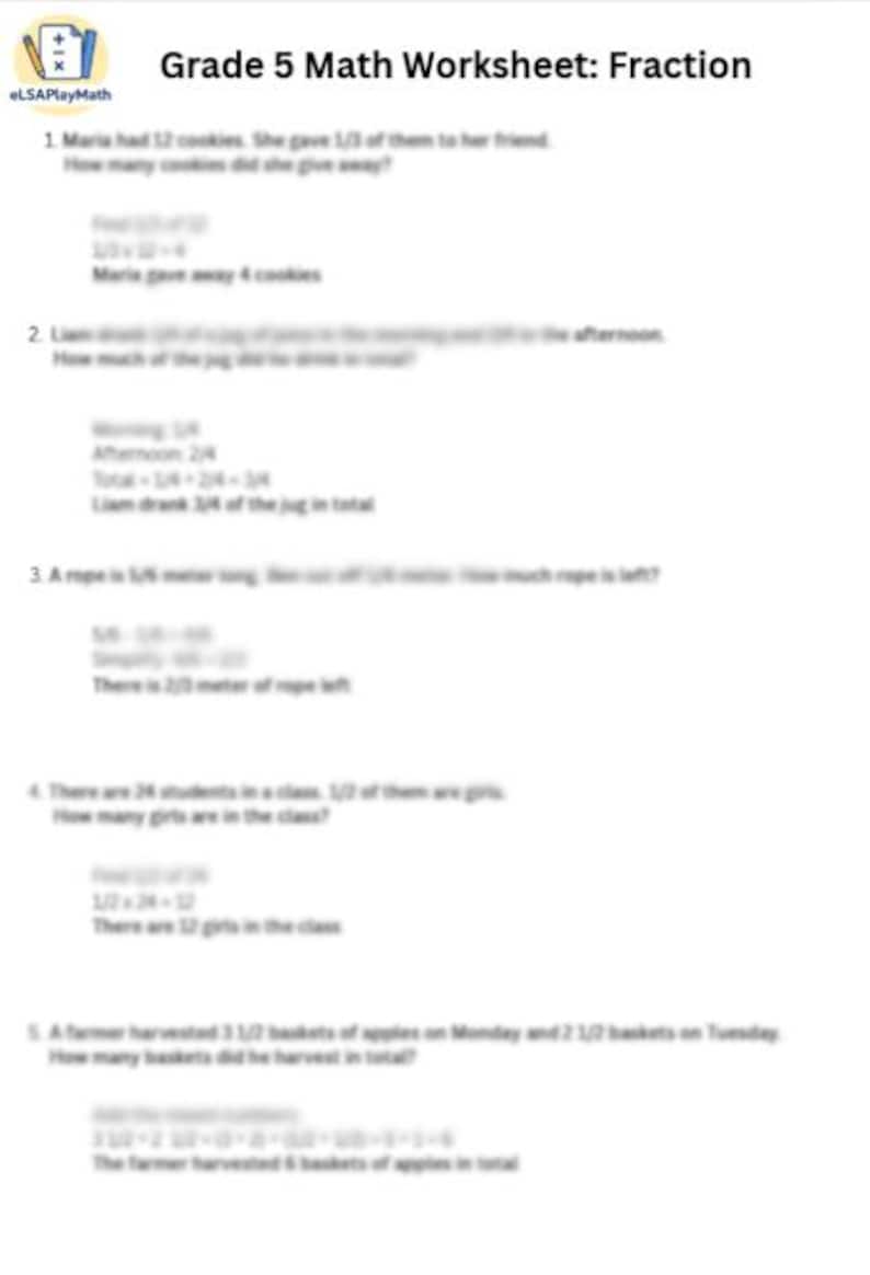 Grade 5 Math Worksheets: Fraction With Answer Key - Etsy