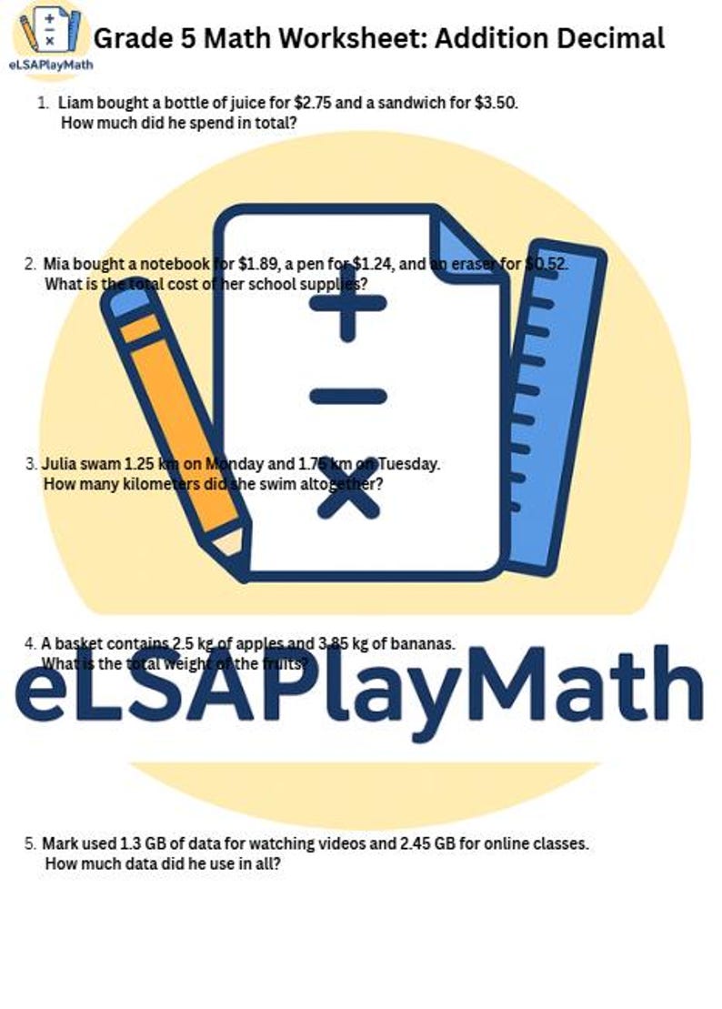Grade 5 Math Worksheet: Addition of Decimals With Answer Key - Etsy UK