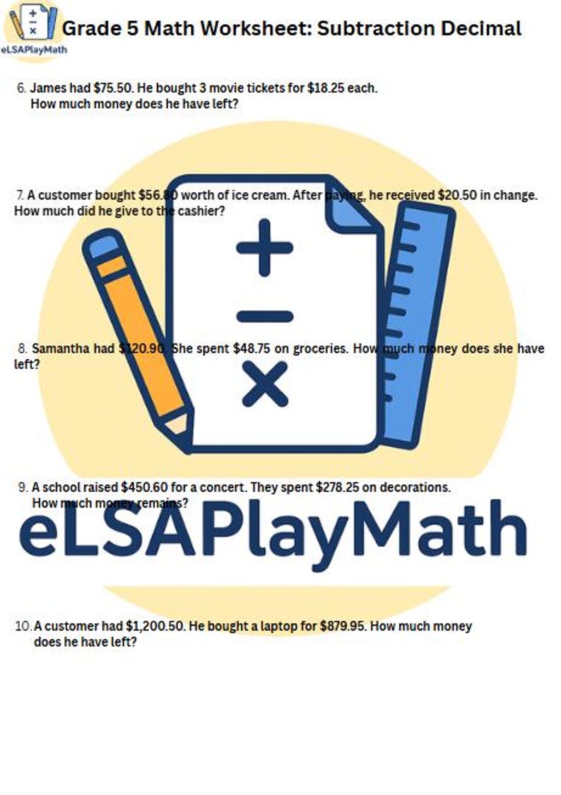 Grade 5 Decimal Operations Worksheets: Addition, Subtraction ...