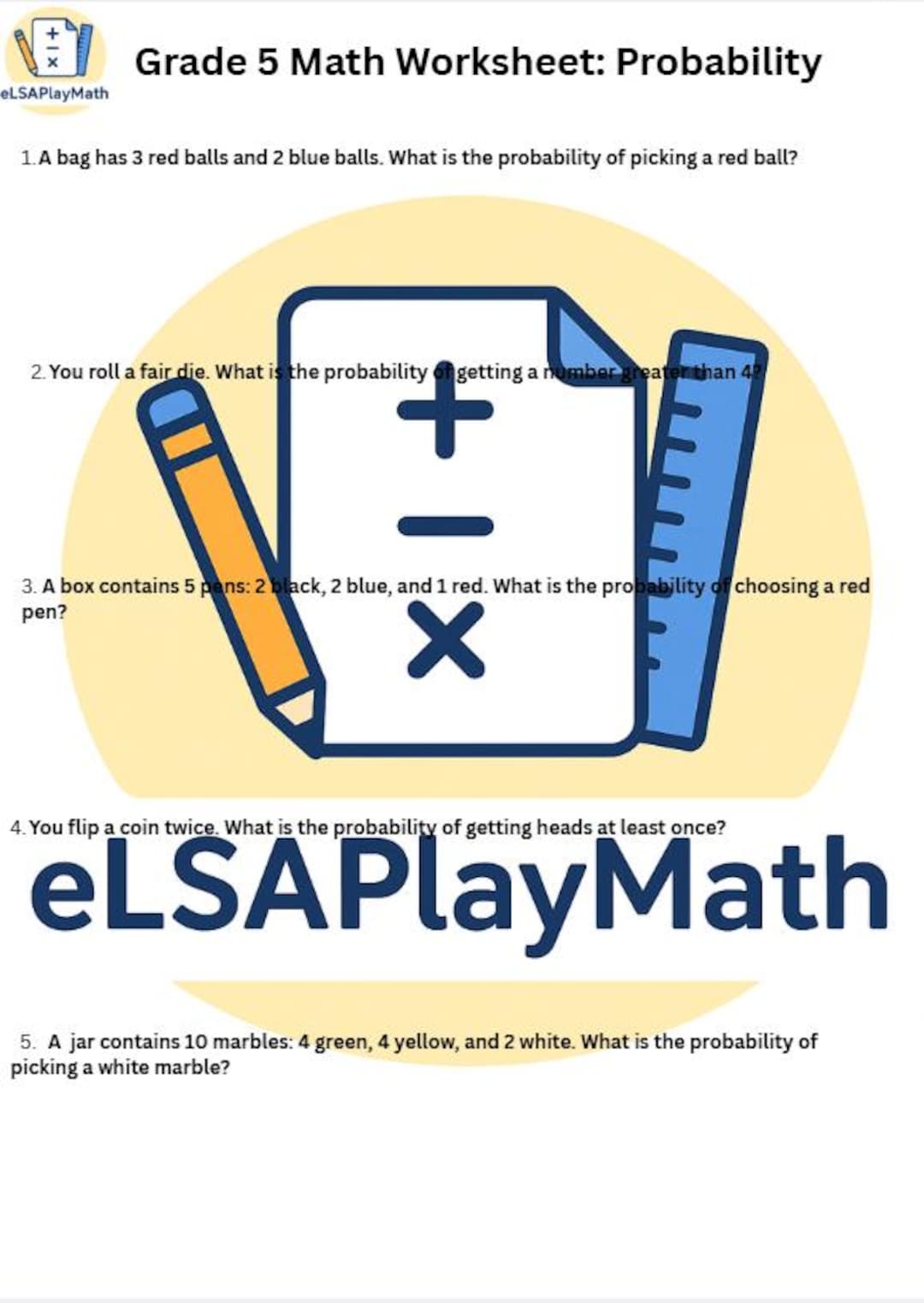 Grade 5 Math Worksheet: Probability & Fractions Bundle With Answer Key ...