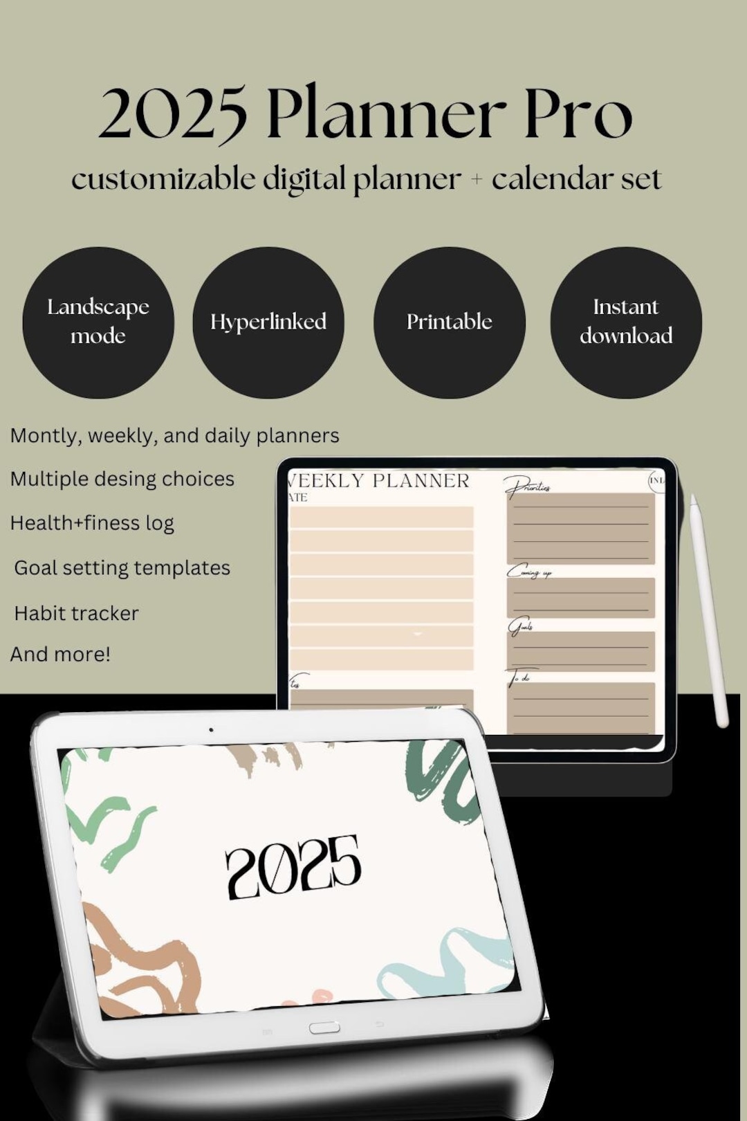 2025 Digital Planner and Calendar Hyperlinked Customizable Monthly ...