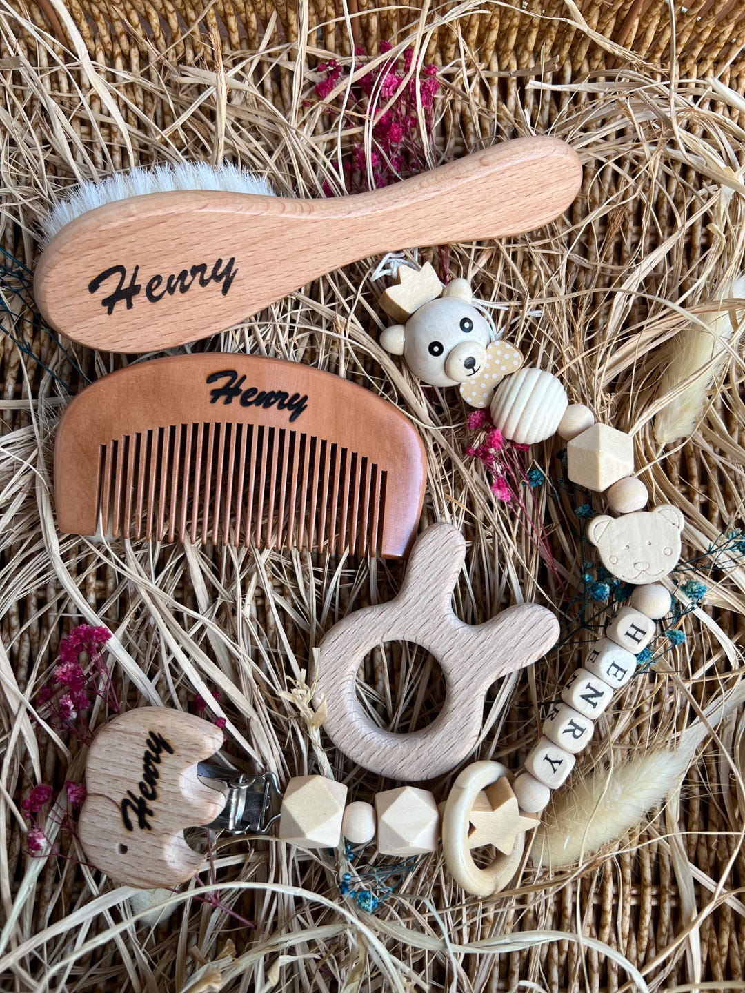 Personalized Natural Wood Baby Pacifier Clip, Goat Hair Brush, Comb ...