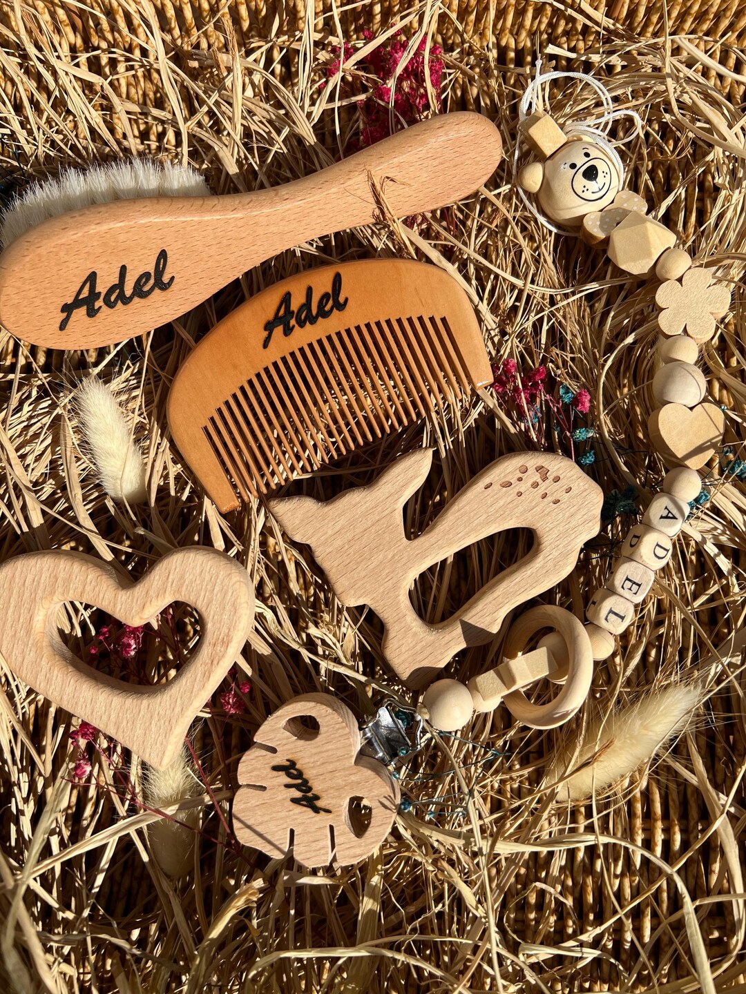 Personalized Natural Wood Baby Pacifier Clip, Goat Hair Brush, Comb ...