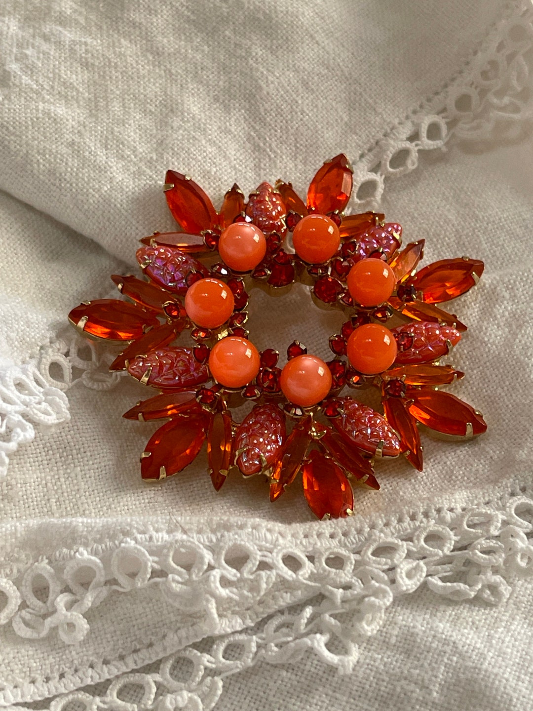 Juliana Brooch Orange Moon Glow Corn Art Glass & Rhinestones - Etsy