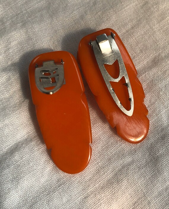 Orange Bakelite Large Dress Clips Pair Deep Carved Ro… - Gem