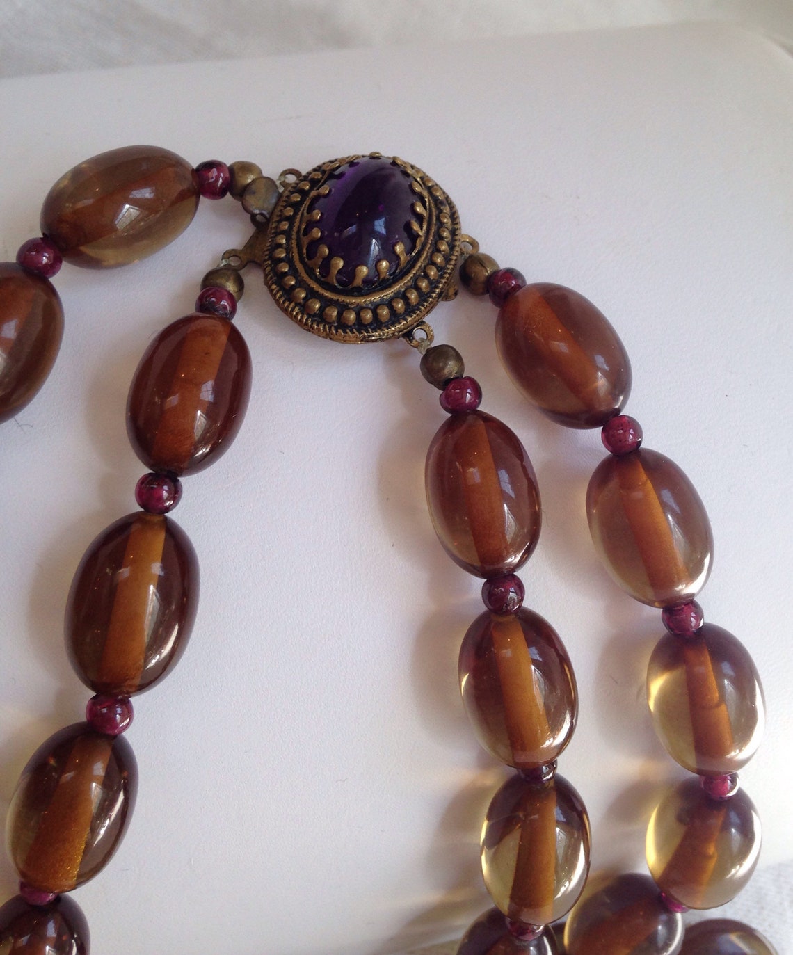 Vintage Bakelite Prystal Brown Bead Necklace Double Strand Purple ...