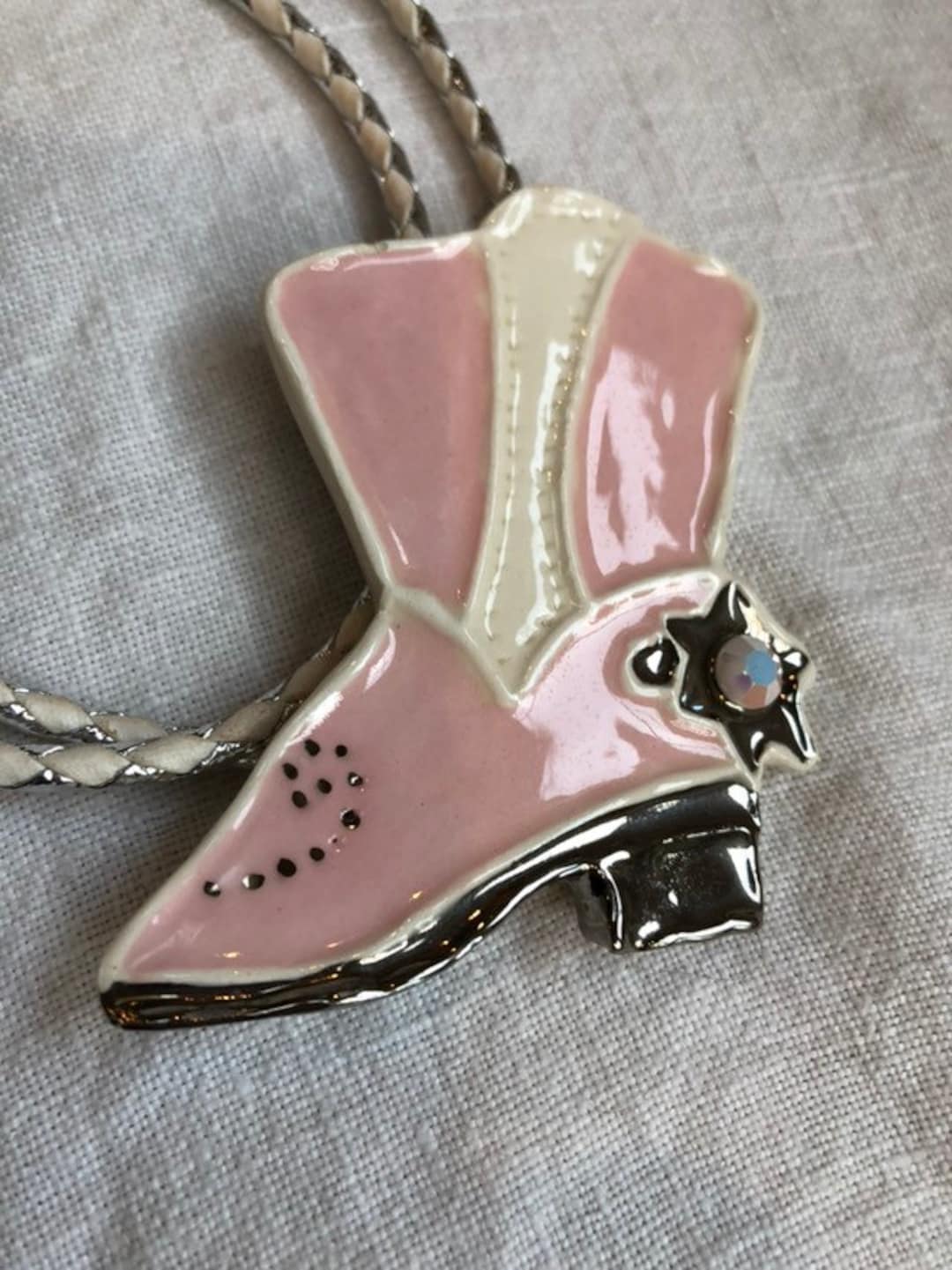Pink Ceramic Cowboy Boot Bolo String Necklace by Shoestring Rhinestone ...