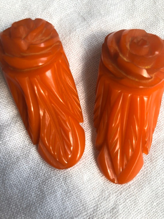 Orange Bakelite Large Dress Clips Pair Deep Carved Ro… - Gem