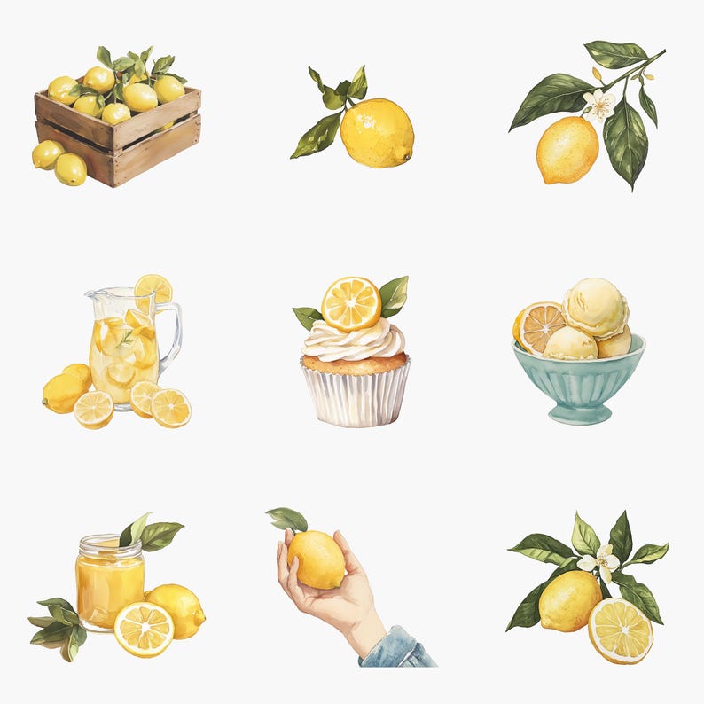 Lemons, Watercolor Clipart Set, Clip Art Fruit, Lemonade, Cupcake ...