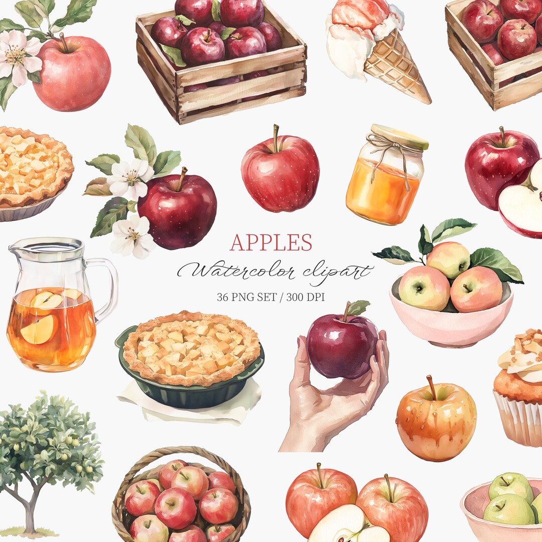 Apples, Watercolor Clipart Set, Clip Art, Fruit Theme, Graphics ...