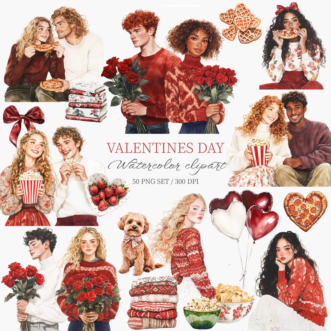 Watercolor Valentines Day Clipart Set, Transparent PNG, Love Happy Cute ...