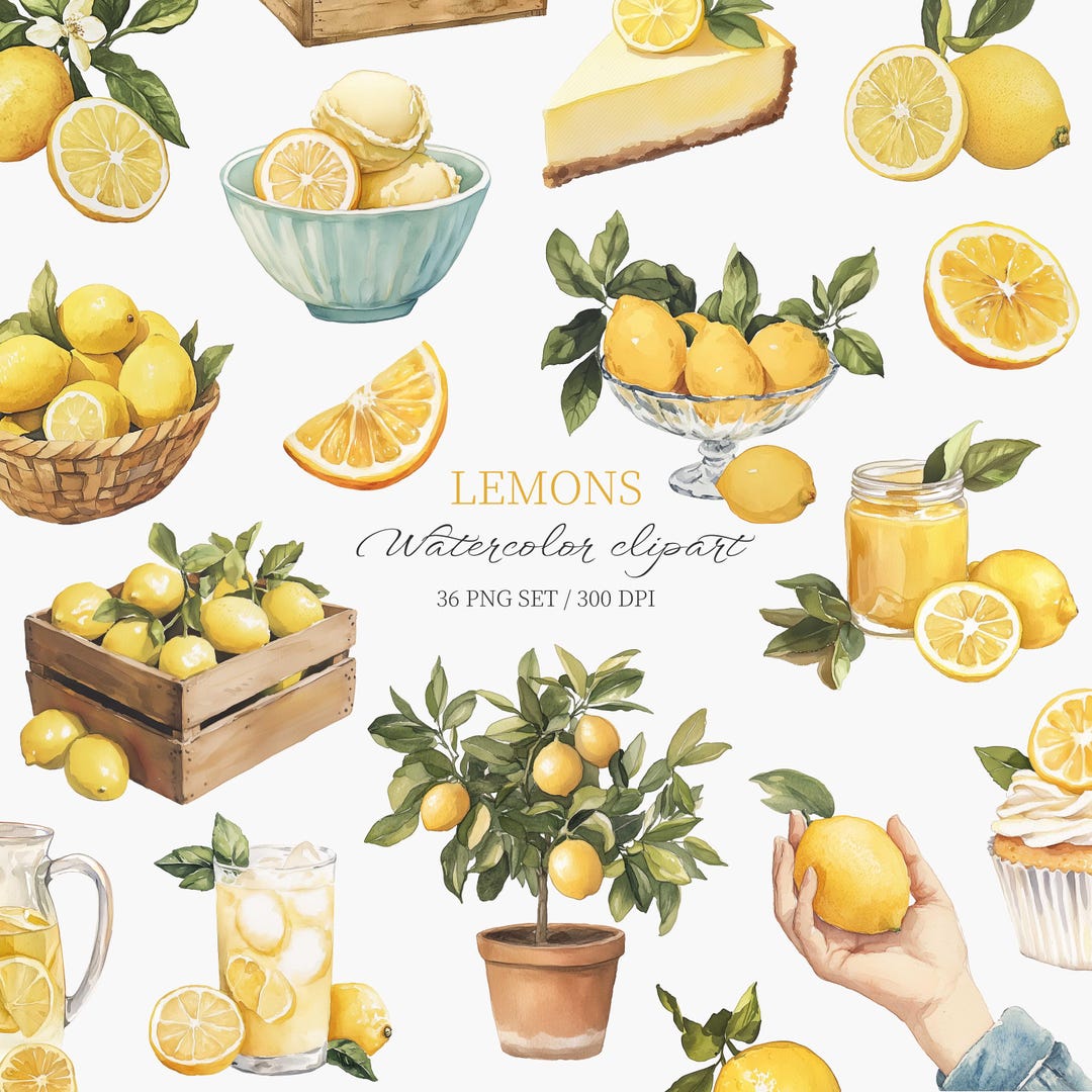 Lemons, Watercolor Clipart Set, Clip Art Fruit, Lemonade, Cupcake ...